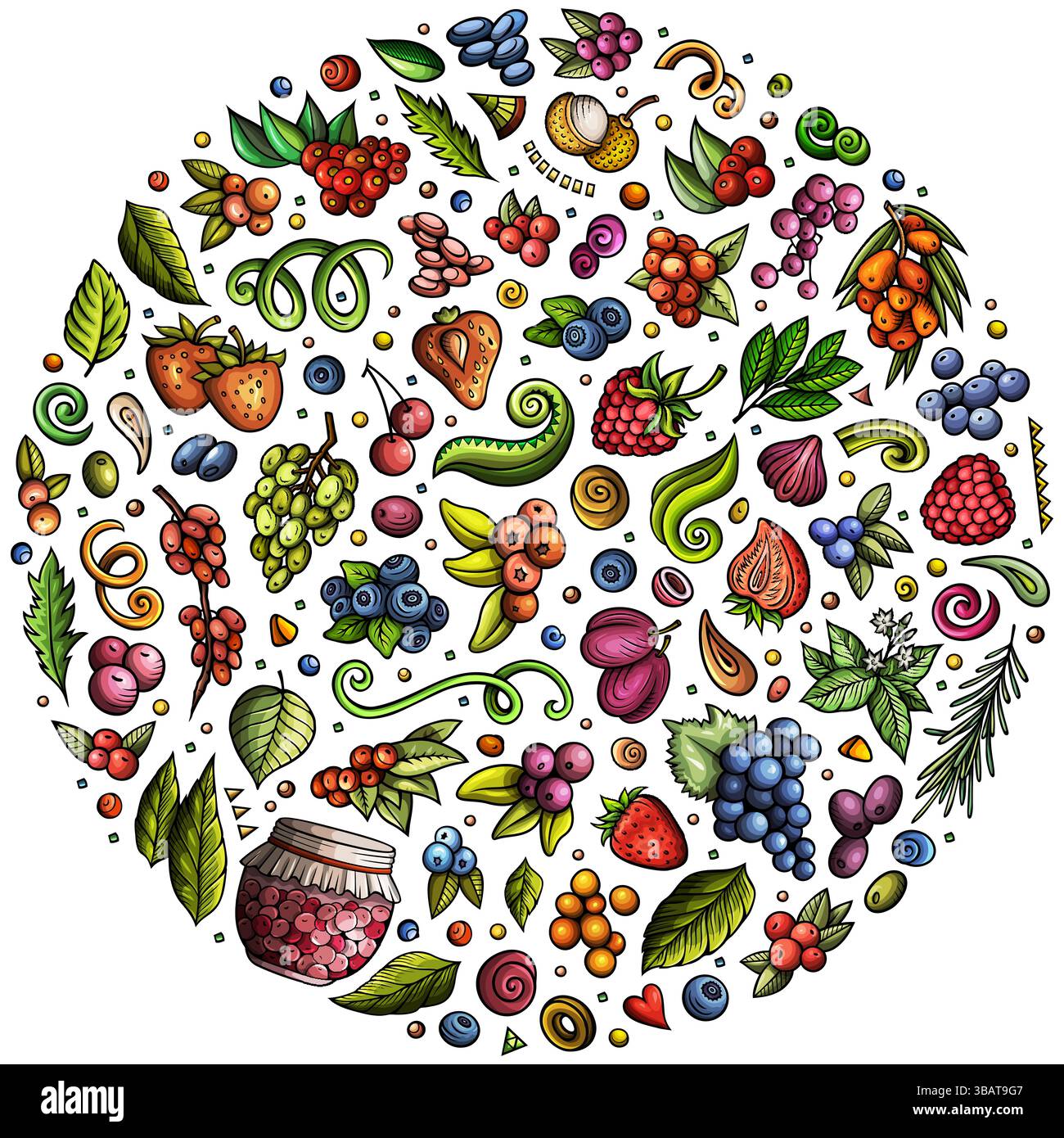 Cartoon Berry fruits objects and symbols doodle round composition Stock ...