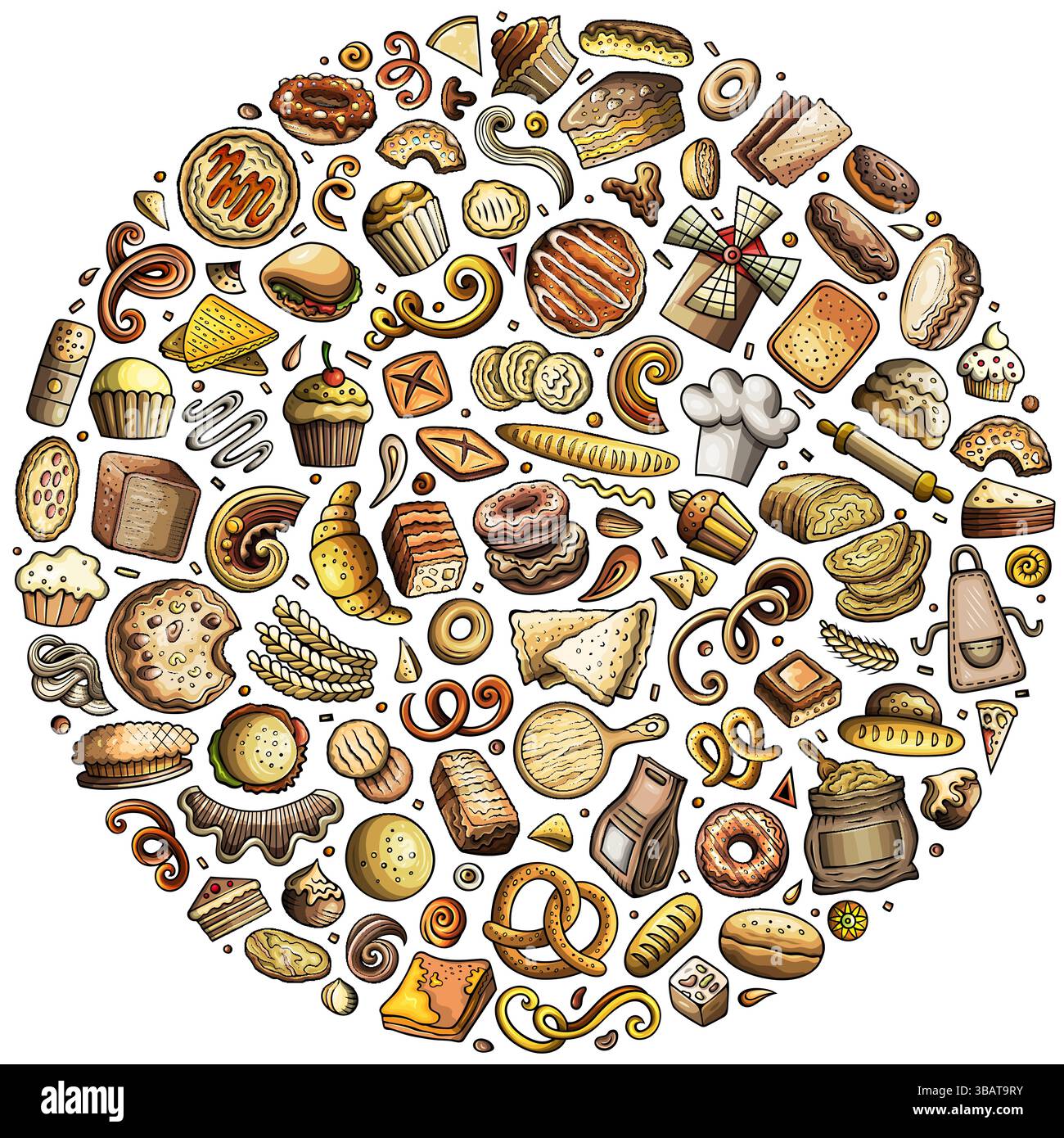 Set of bakery cartoon doodle objects. Round composition Stock Vector ...
