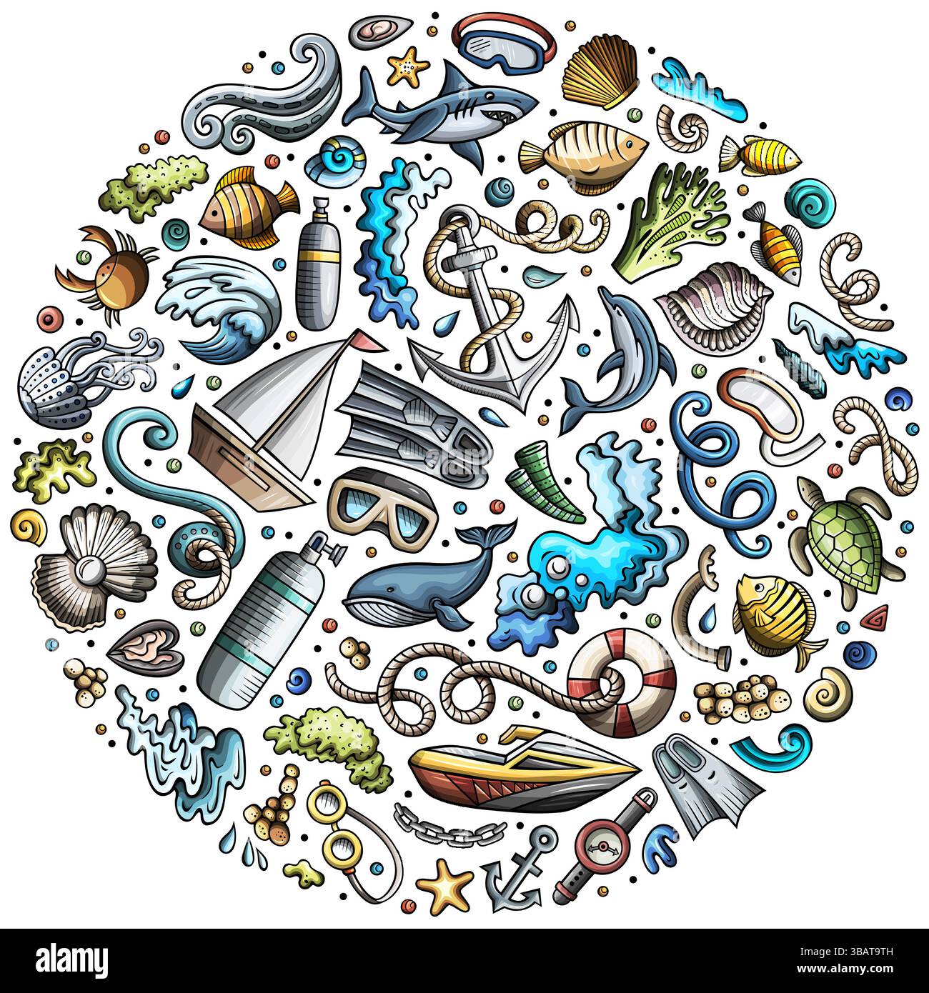 Set of Diving cartoon doodle objects. Round composition Stock Vector ...