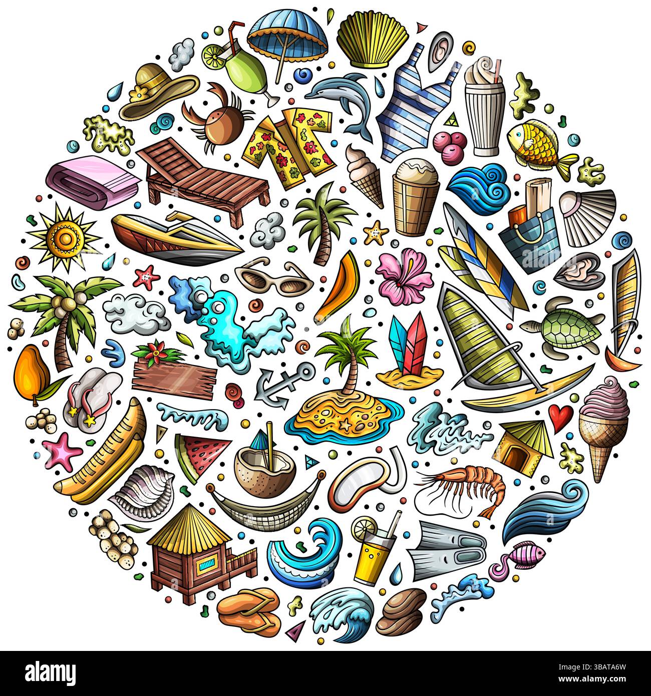 Set of Summer Beach cartoon doodle objects. Round composition Stock ...