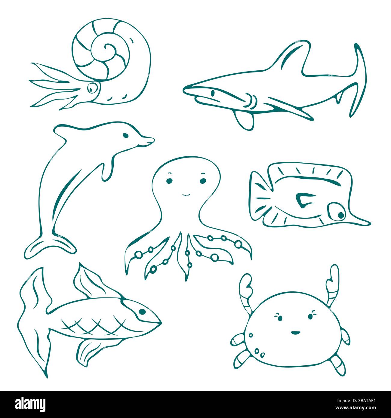 Sea World Life doodle line set. Hand drawn childlike graphic, ink brush ...