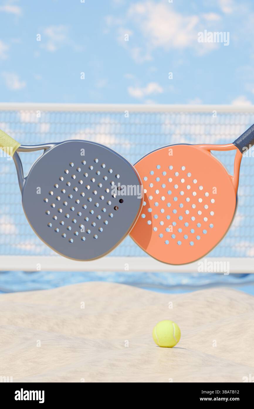Beach padel tennis game with a ball, paddles and net on the sand, ideal ...