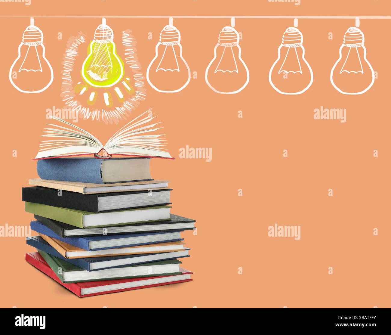 Light bulb illustrations over stack of books on coral background. Idea ...