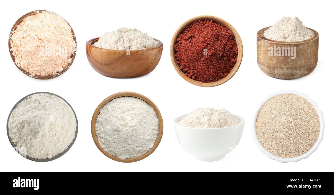 Different types of flour in bowls isolated on white, set Stock Photo ...