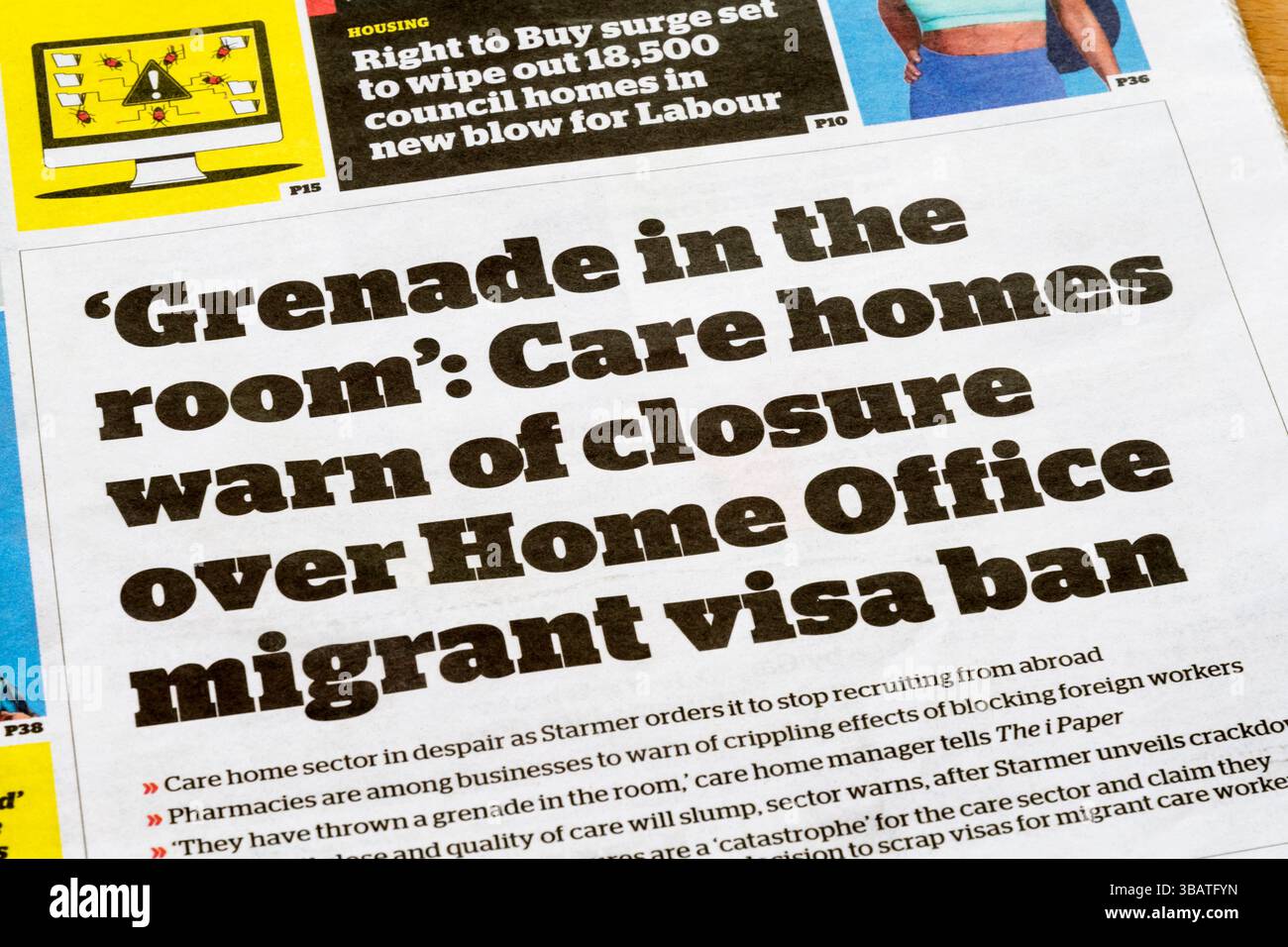 13 May 2025. Front page headline in The i Paper is 'Grenade in the room': Care homes warn of ...