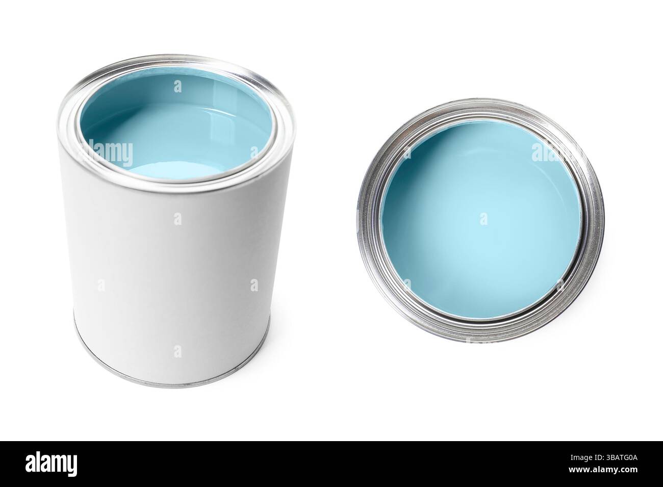 Pastel blue paint in can isolated on white. Top and side view Stock ...