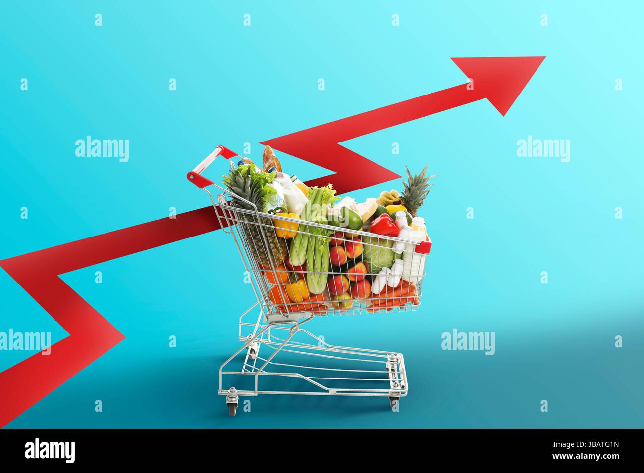 Shopping cart with different groceries and upward red arrow against ...