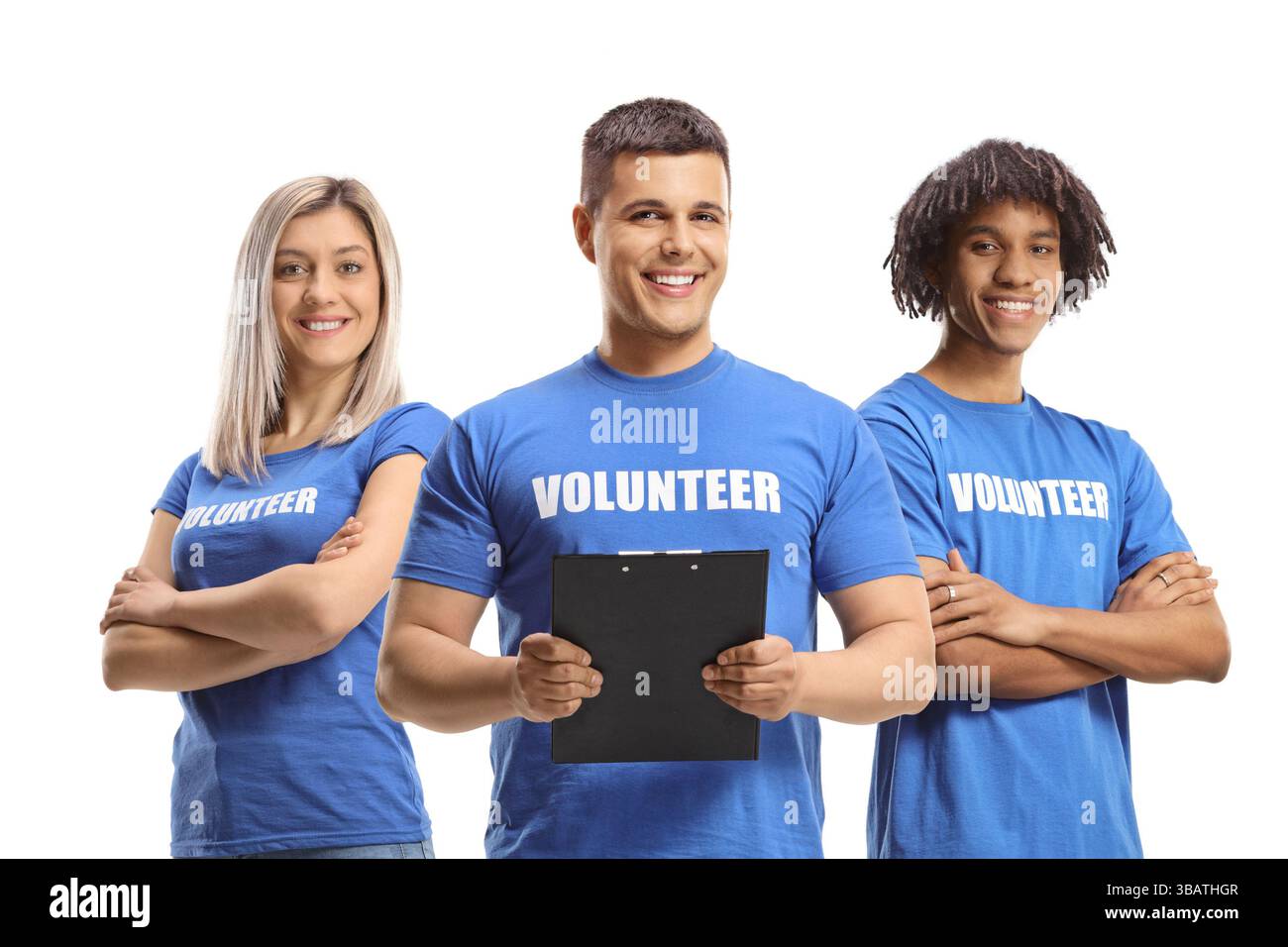 Group of male and female volunteers in blue t-shirts isolated on white ...