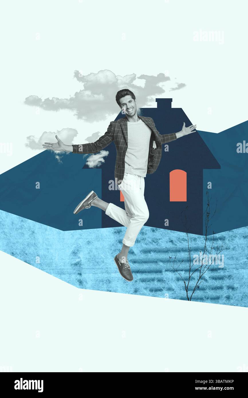 Vertical image art collage of happy girl guy stand home relocation ...