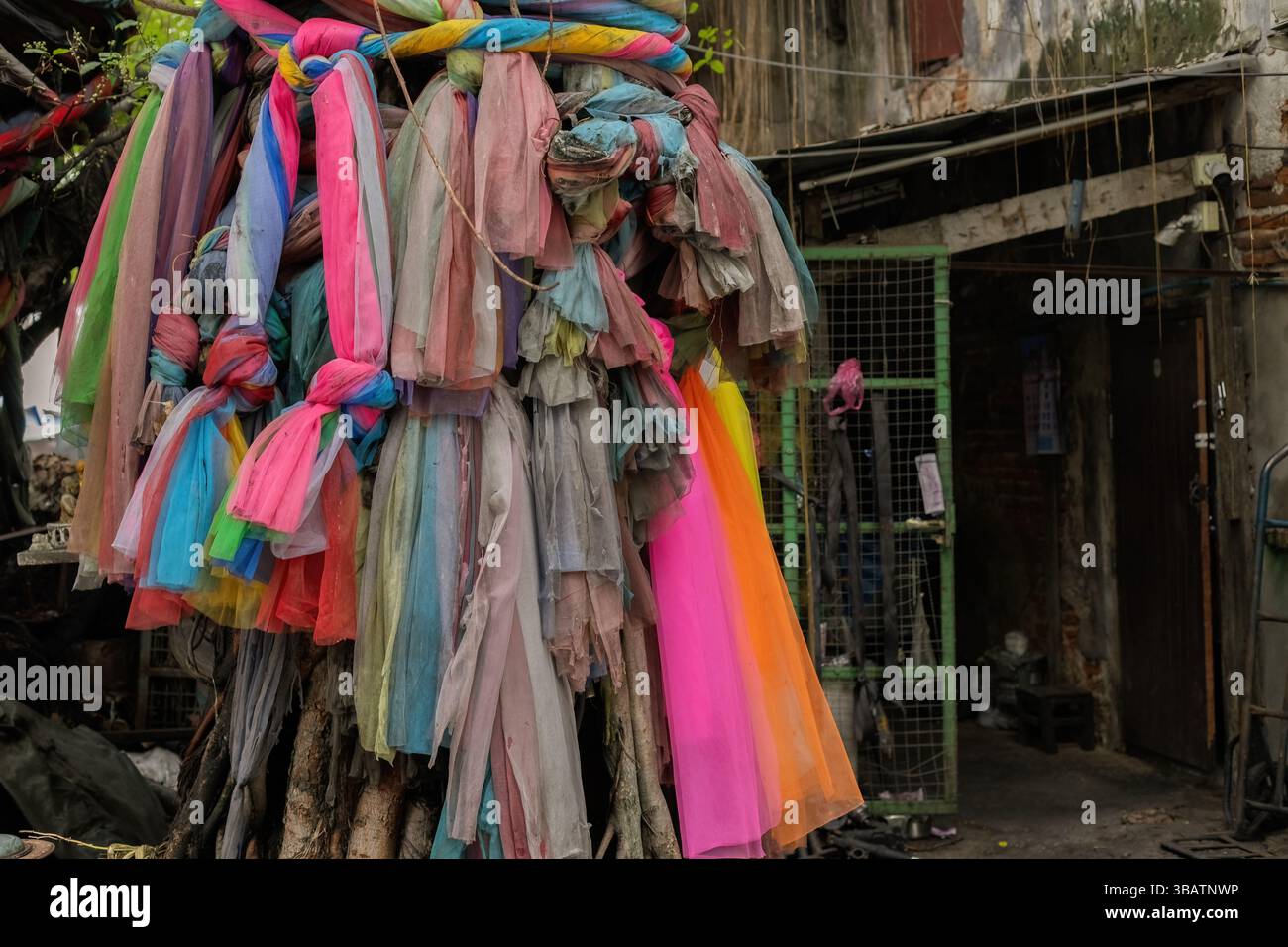 Holy tree covered with colorful ribbons in Bangkok Chinatown Stock ...