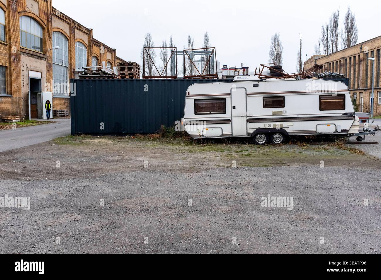 Industrial Caravan Berlin, Germany. Abandoned and parked caravan left ...
