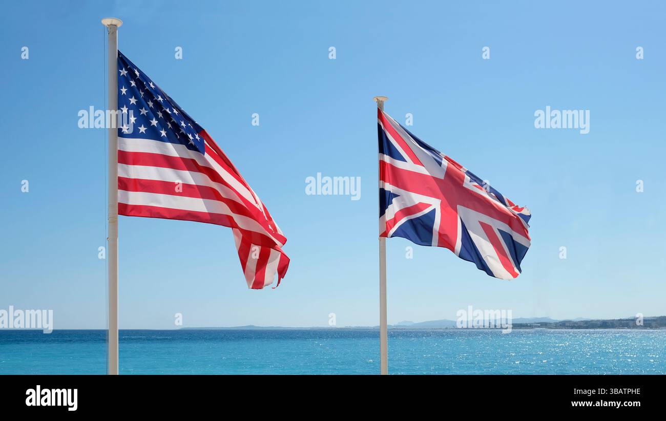 Stars and Stripes and Union Jack - US and UK national flags against the ...