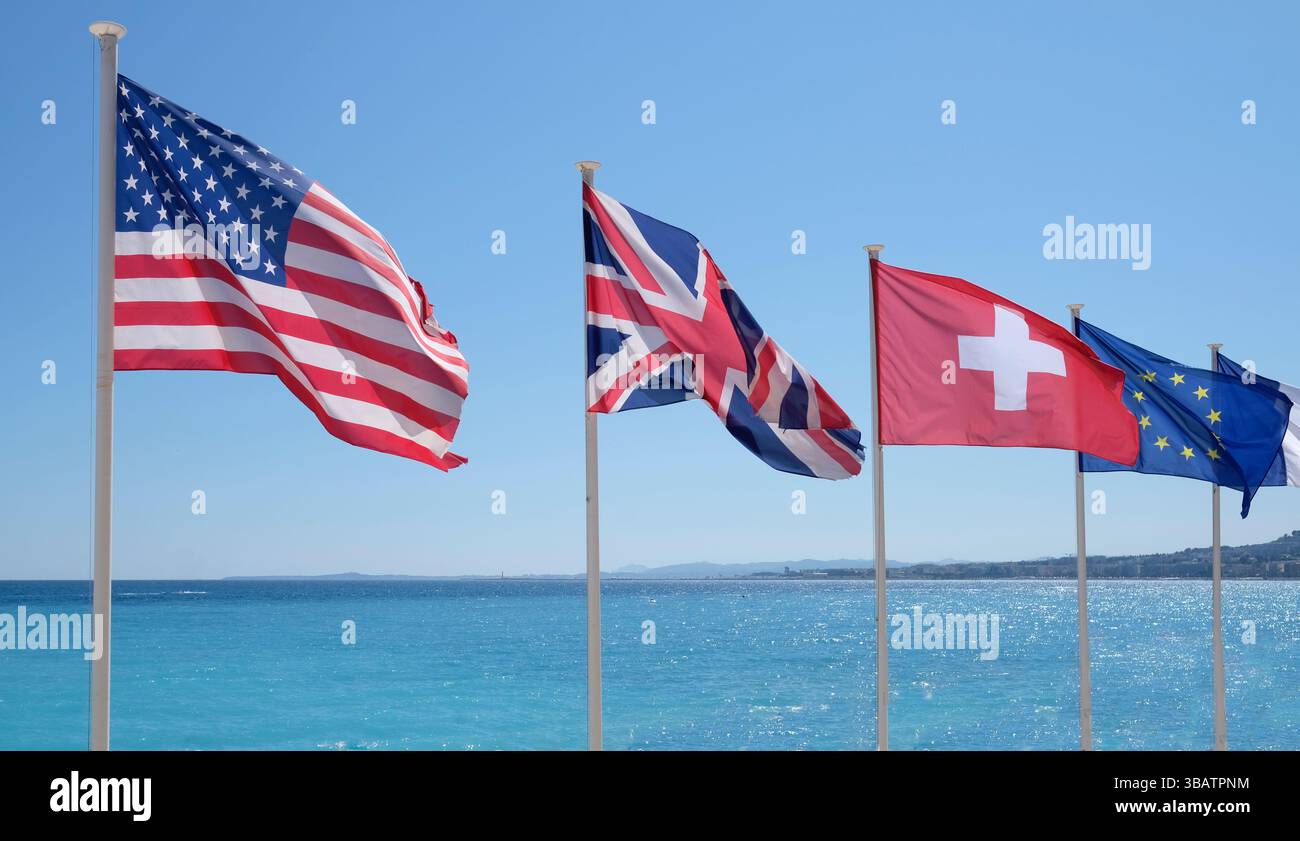 The flags of the United States, Great Britain, Switzerland, and the ...