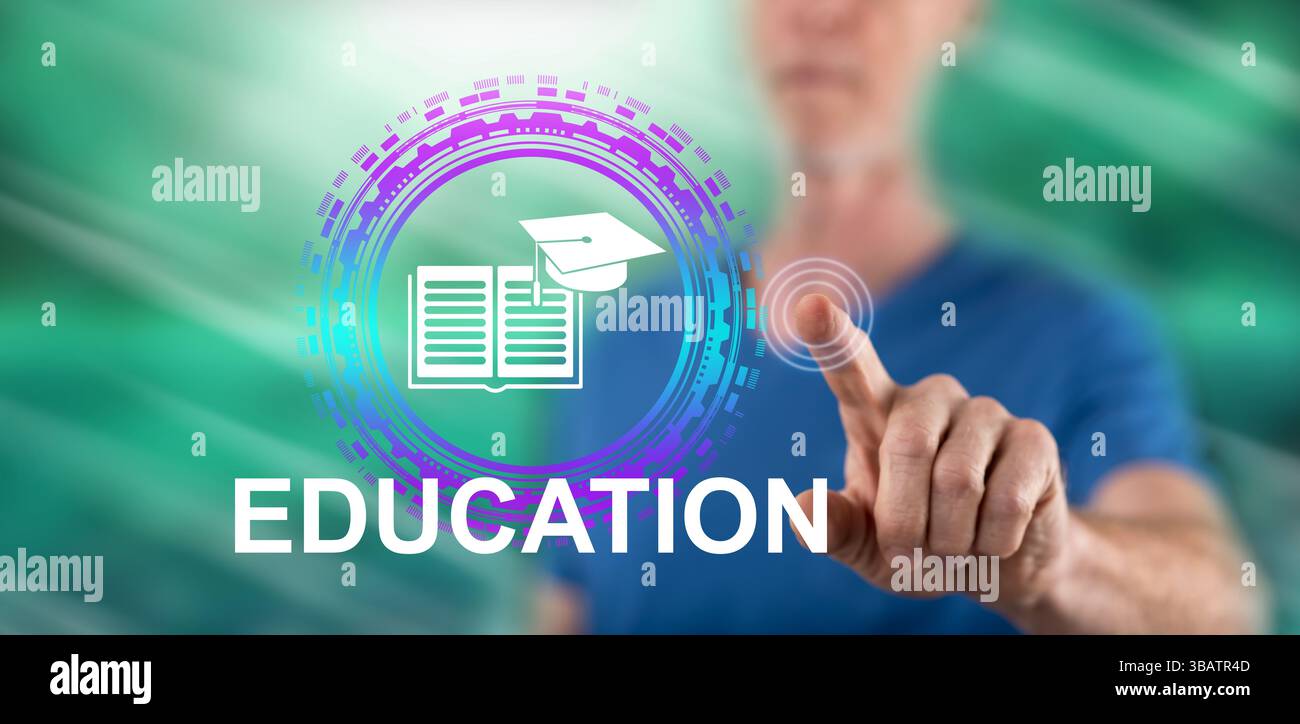 Man touching an education concept on a touch screen with his finger ...