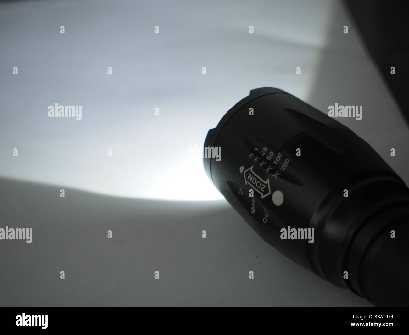 Close-up image of a black tactical flashlight. The scene symbolizes ...