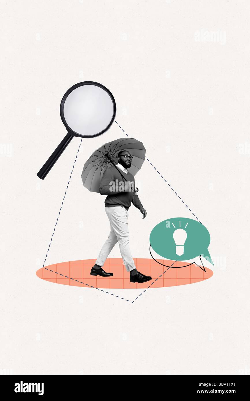 Pop image collage of person stand under magnifying glass with lightbulb ...