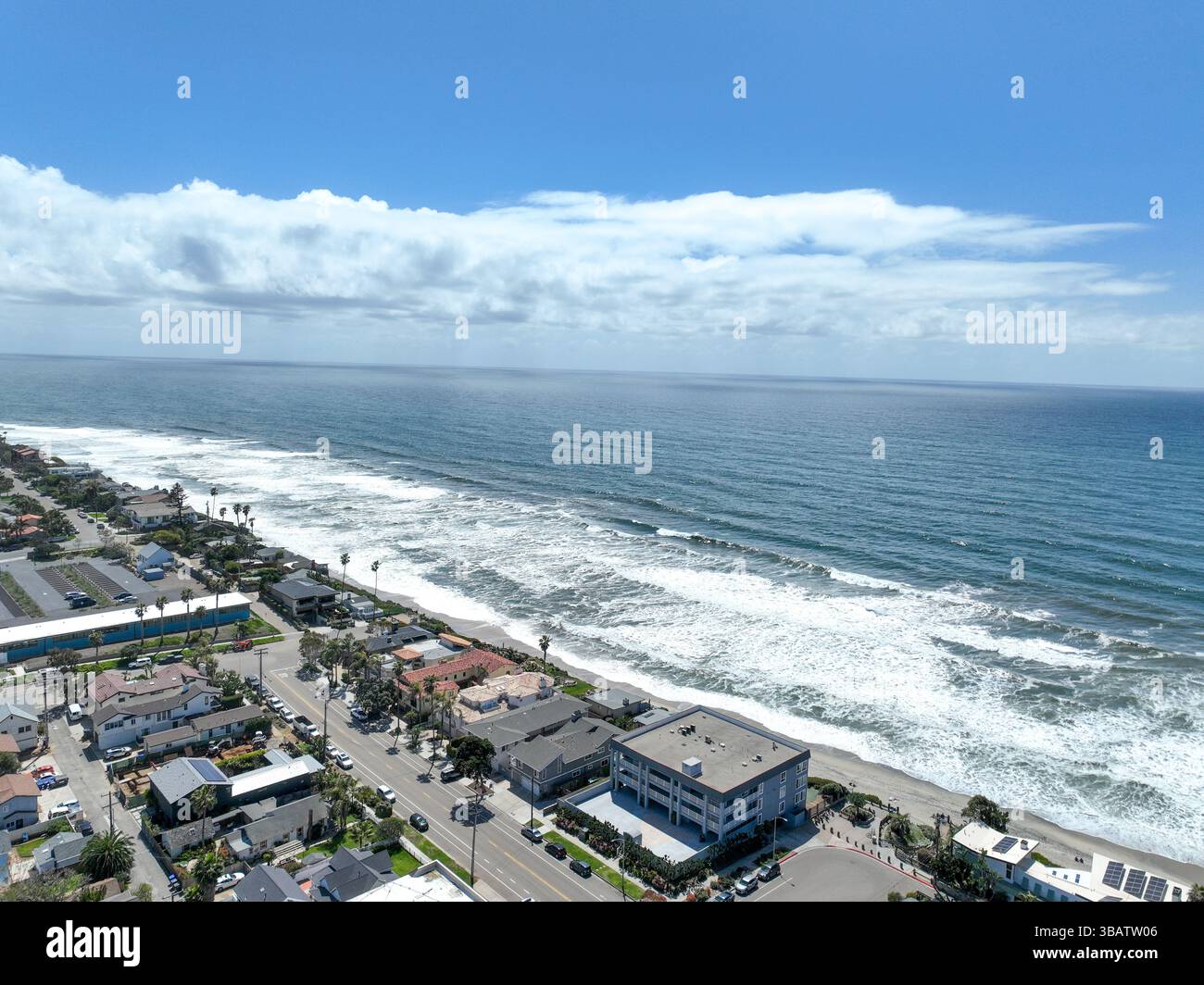 Aerial view of wealthy Encinitas town with blue ocean in San Diego ...