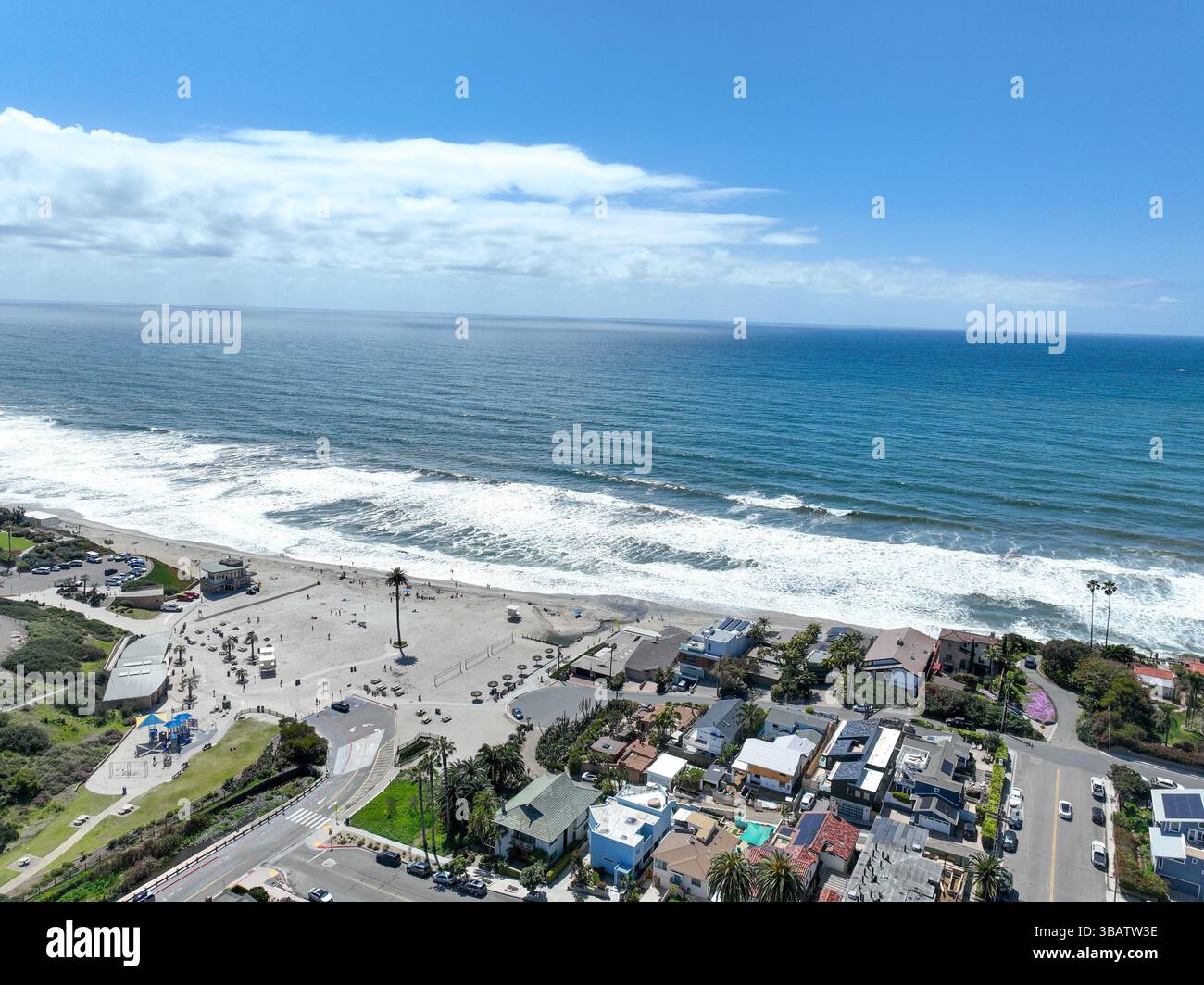 Aerial view of wealthy Encinitas town with blue ocean in San Diego ...