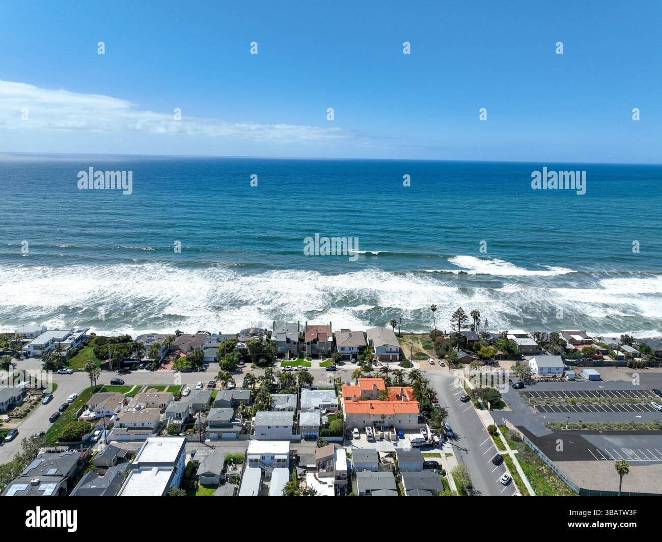Aerial view of wealthy Encinitas town with blue ocean in San Diego ...