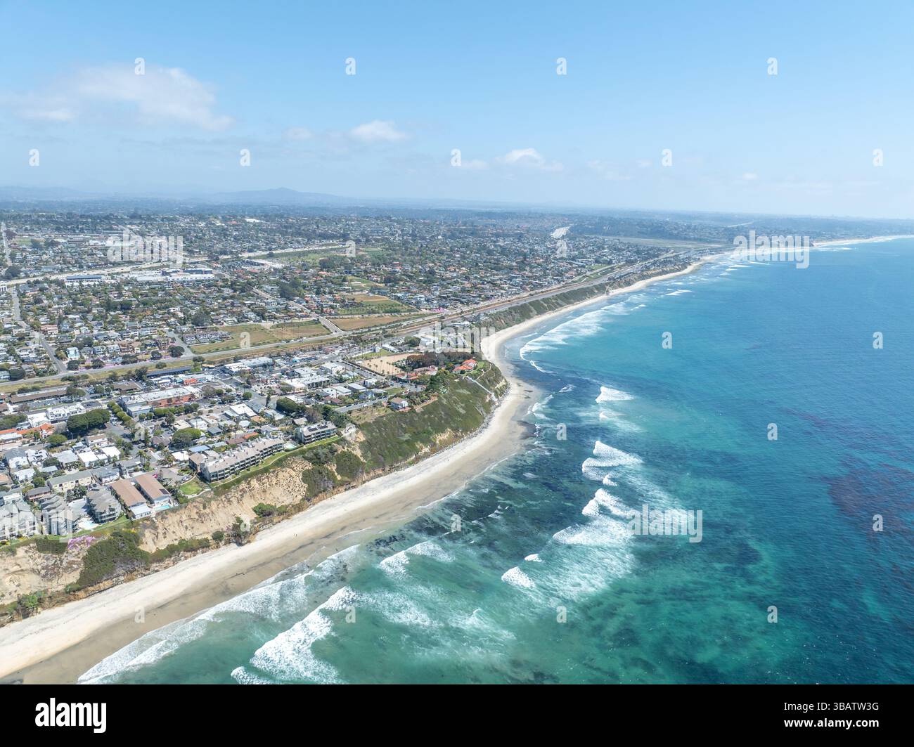 Aerial view of wealthy Encinitas town with blue ocean in San Diego ...