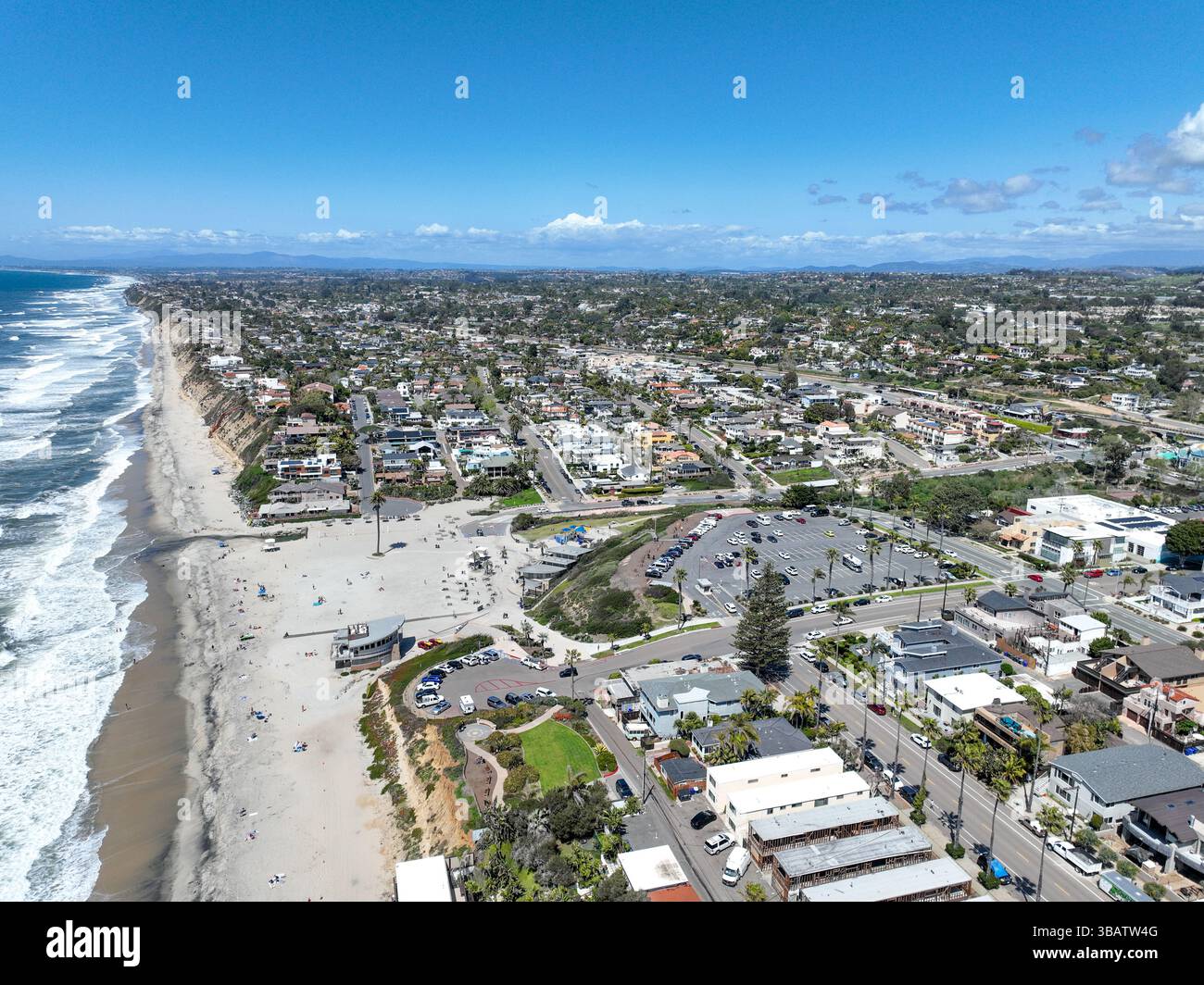 Aerial view of wealthy Encinitas town with blue ocean in San Diego ...