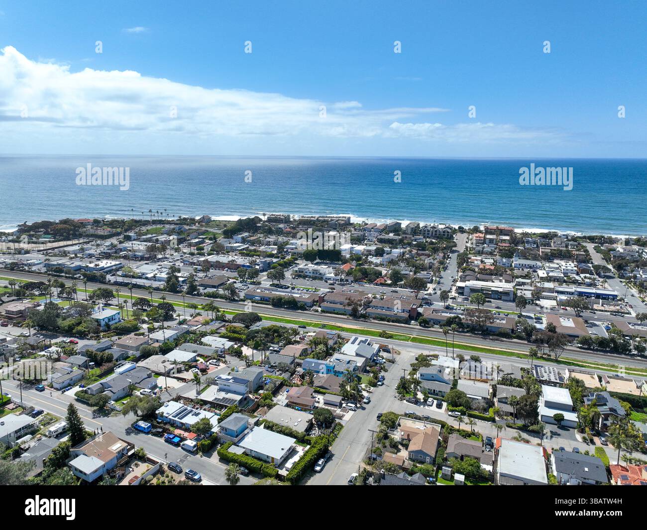 Aerial view of wealthy Encinitas town with blue ocean in San Diego ...