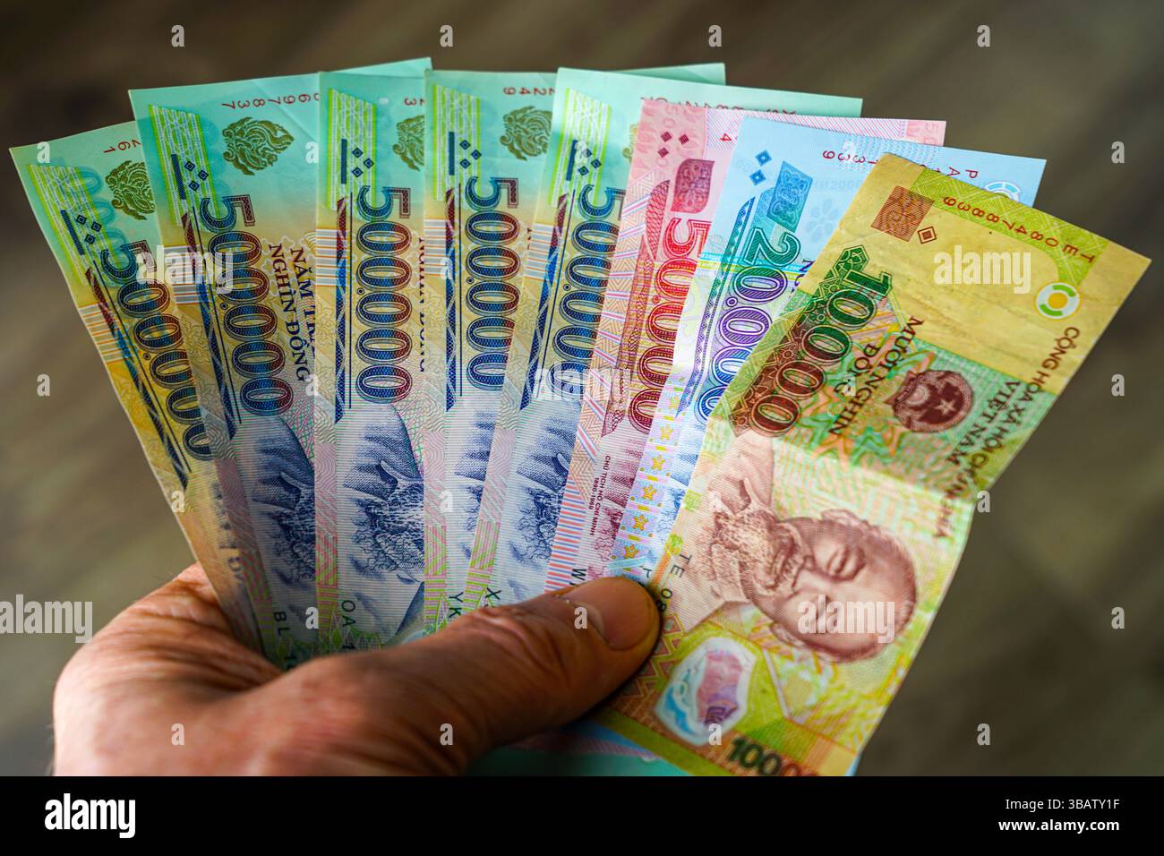 Hand holding Vietnamese dong banknotes of various denominations on a ...