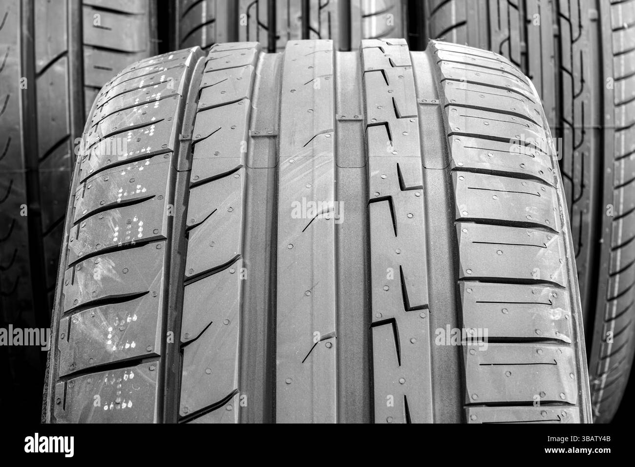 Closeup of the tread of a wide large size high-performance summer tire ...
