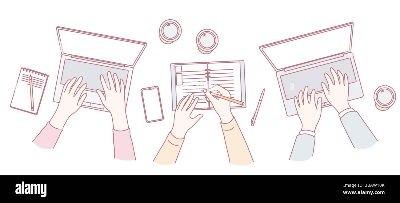 Aerial view of hands working on laptops and notebooks, perfect for productivity and teamwork ...