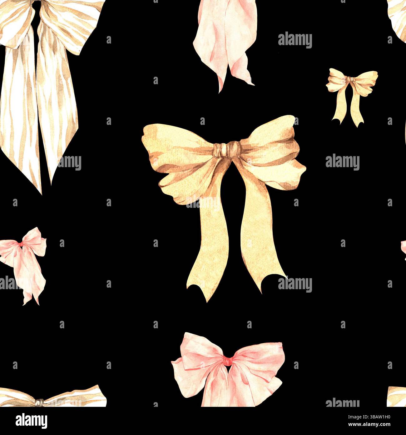Pattern of bows of different sizes painted with watercolors. Yellow and ...