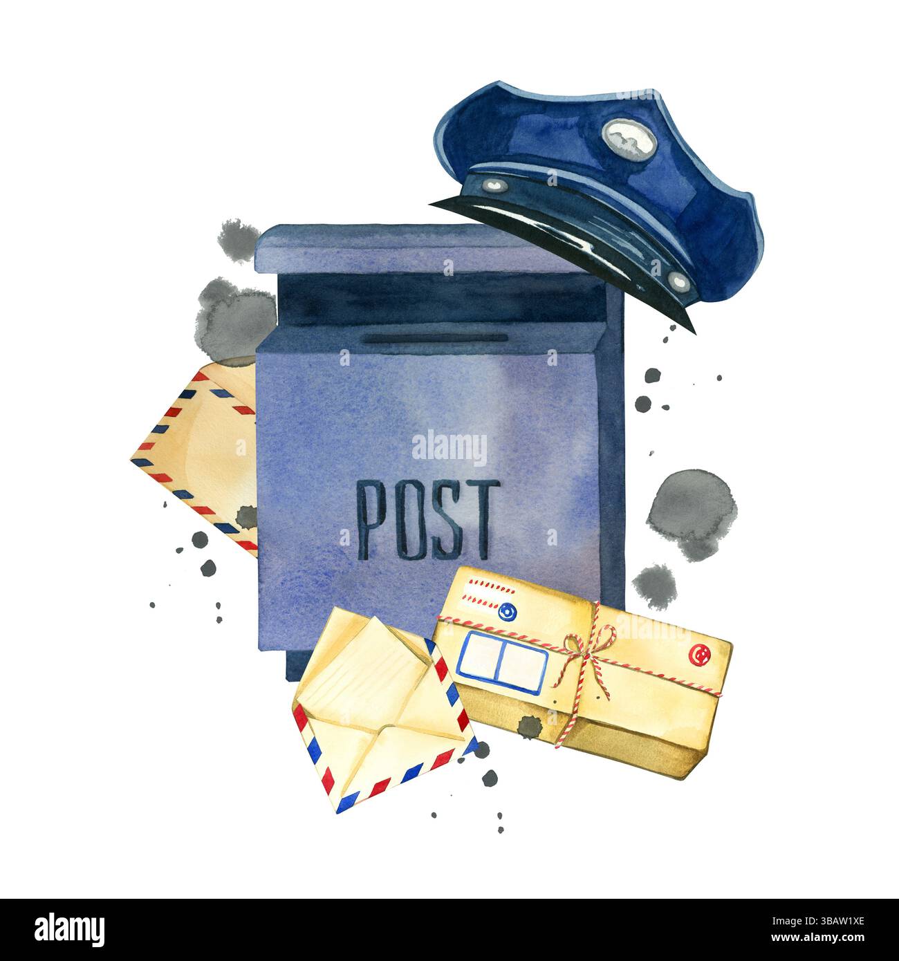 Post Day. Blue mailbox for letters, postman's cap, letters, parcels ...