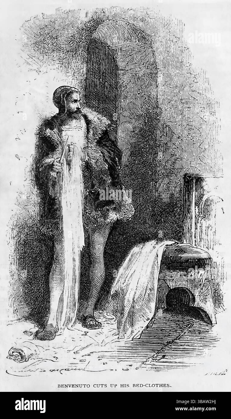 Benvenuto cuts up his bed clothes (1870). Depicts Benvenuto Cellini's ...