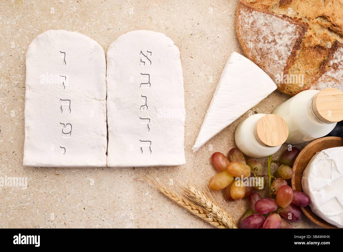 Happy Shavuot concept. Two Stones with Ten Commandments in Ancient ...
