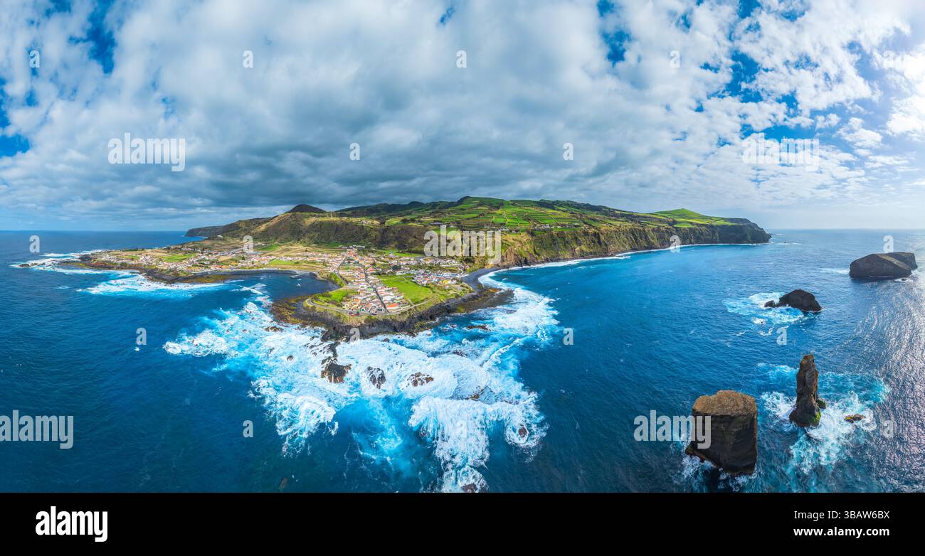 Aerial view of Mosteiros village at Sao Miguel island, Azores ...