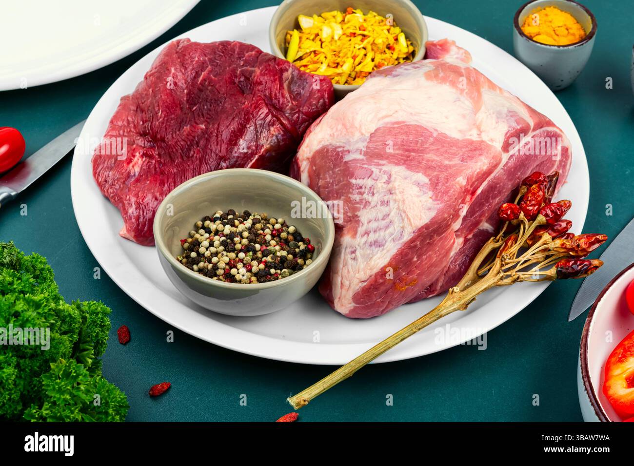 Meat assortment, different raw meat, fresh raw meat for a barbecue ...
