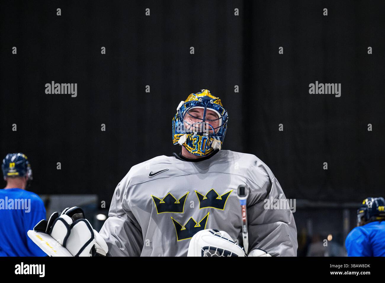 Goaltender Samuel Ersson of, Sweden. , . at a practice session during ...