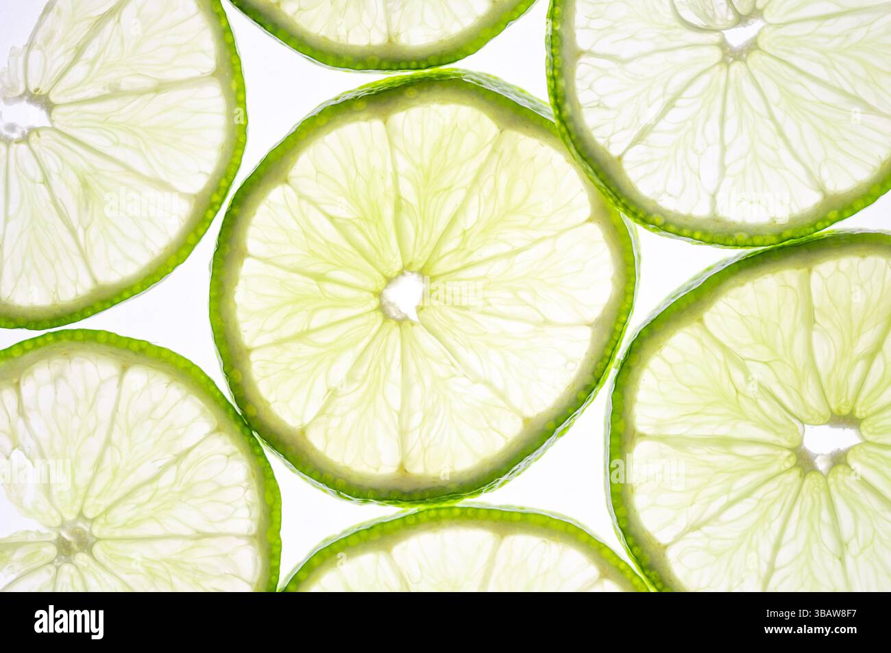 Circle slices of lime backlit on white background Stock Photo - Alamy