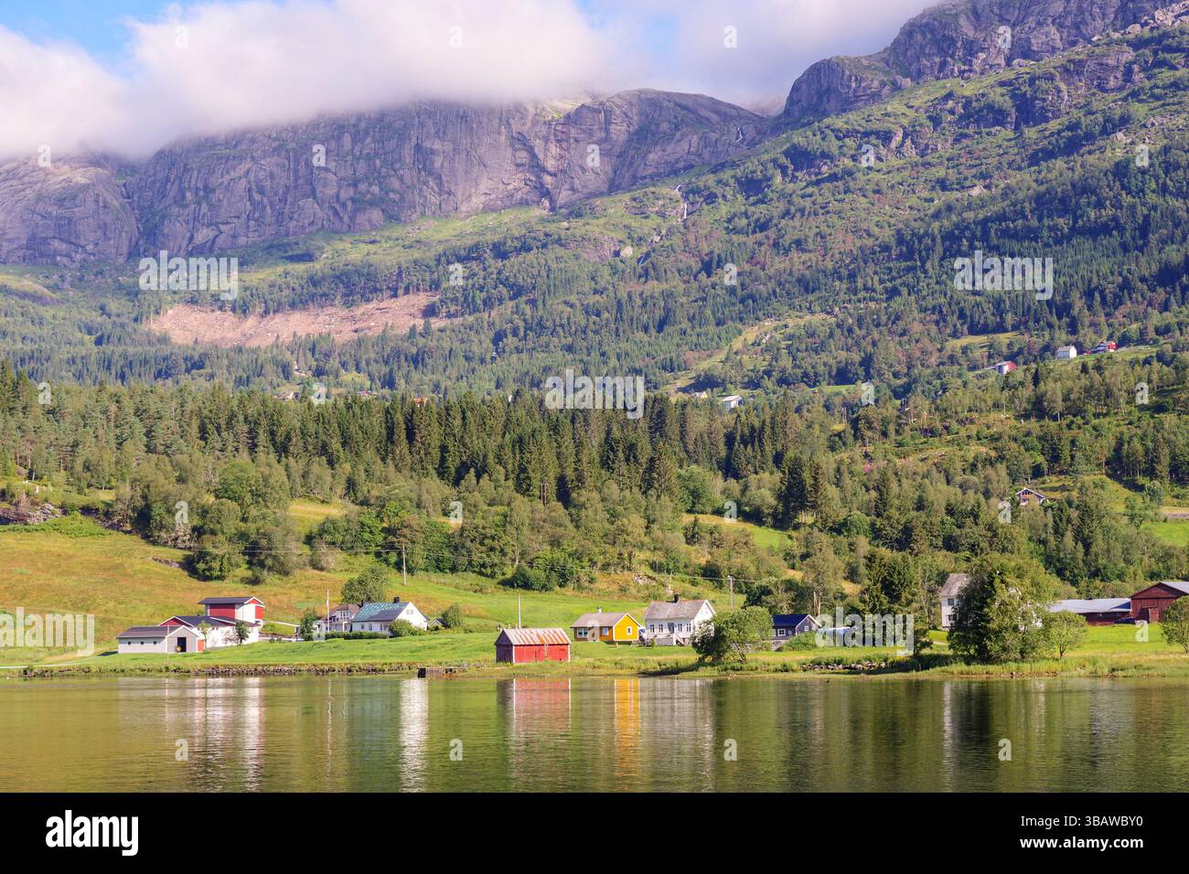 Norwegian fiord (Fjord) and village scene with mountainous region in ...