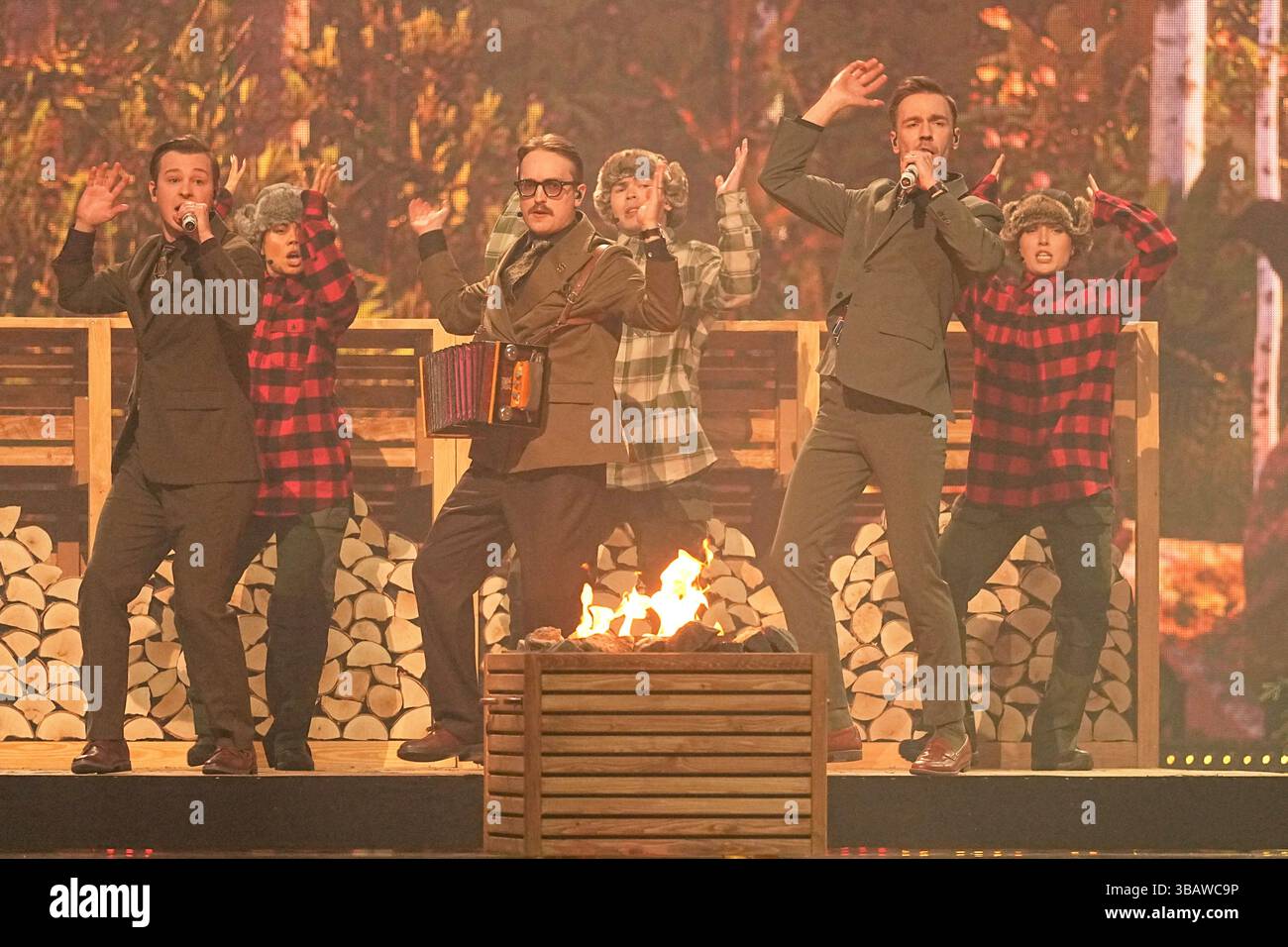 KAJ from Sweden performs the song "Bara Bada Bastu" during the first semi-final of the 69th ...