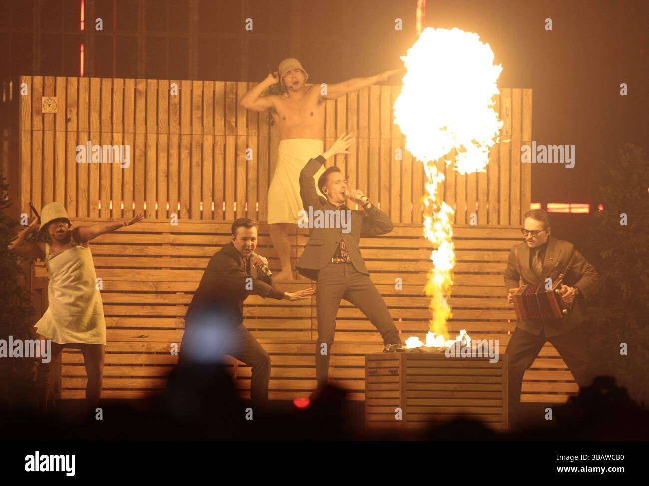Basel, Switzerland. 13th May, 2025. Kaj of Sweden performing during the first semi-final of the ...