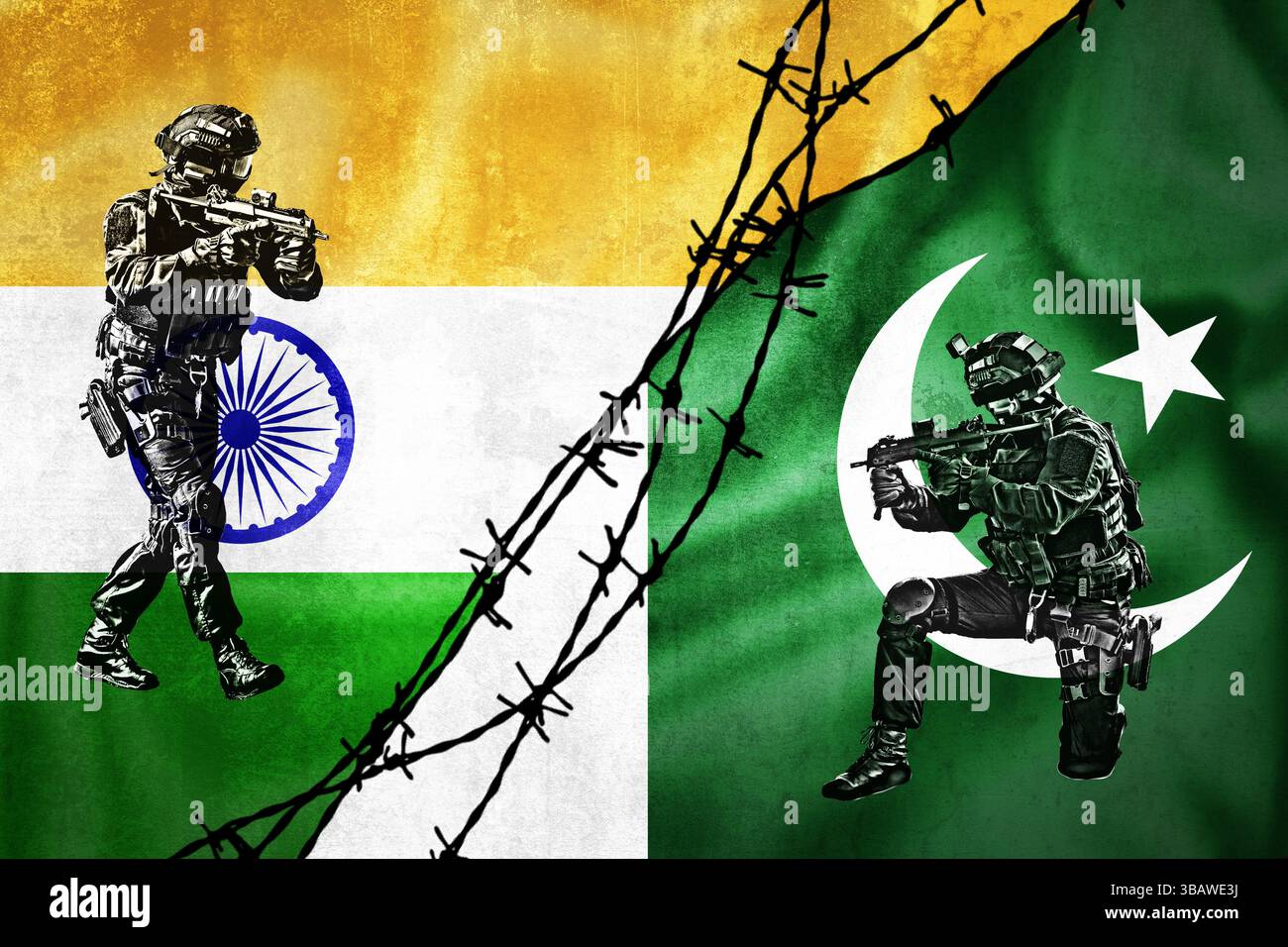 Grunge flags of India and Pakistan divided by barb wire illustration ...