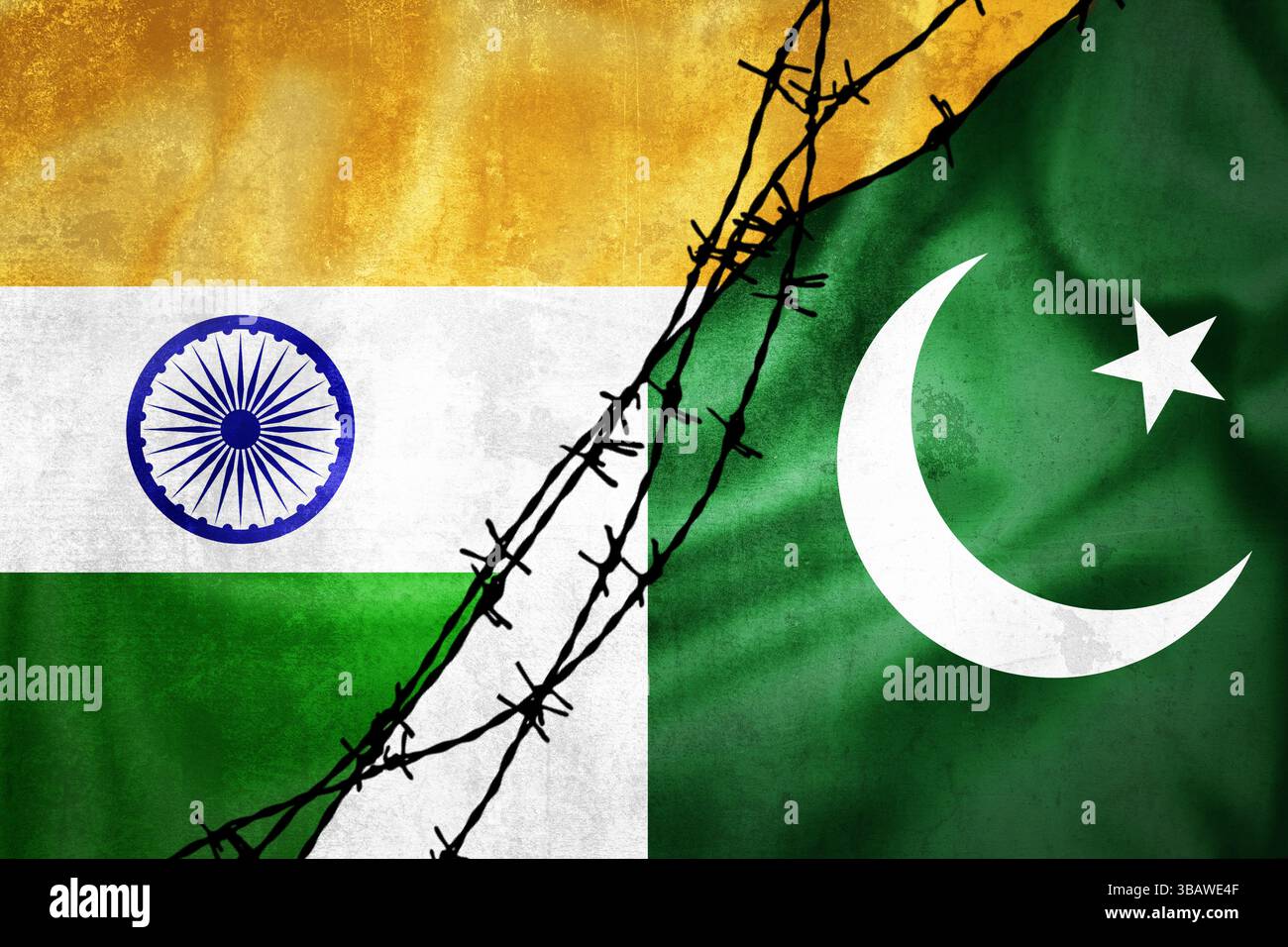 Grunge flags of India and Pakistan divided by barb wire illustration ...