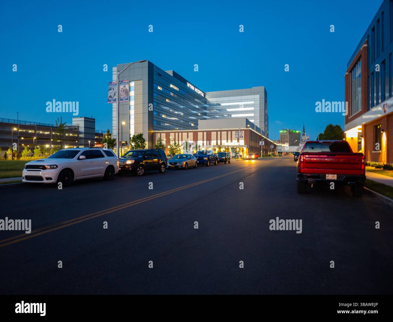 Utica, NY - Dec 25, 2023: Night view of Wynn Hospital in downtown Utica ...