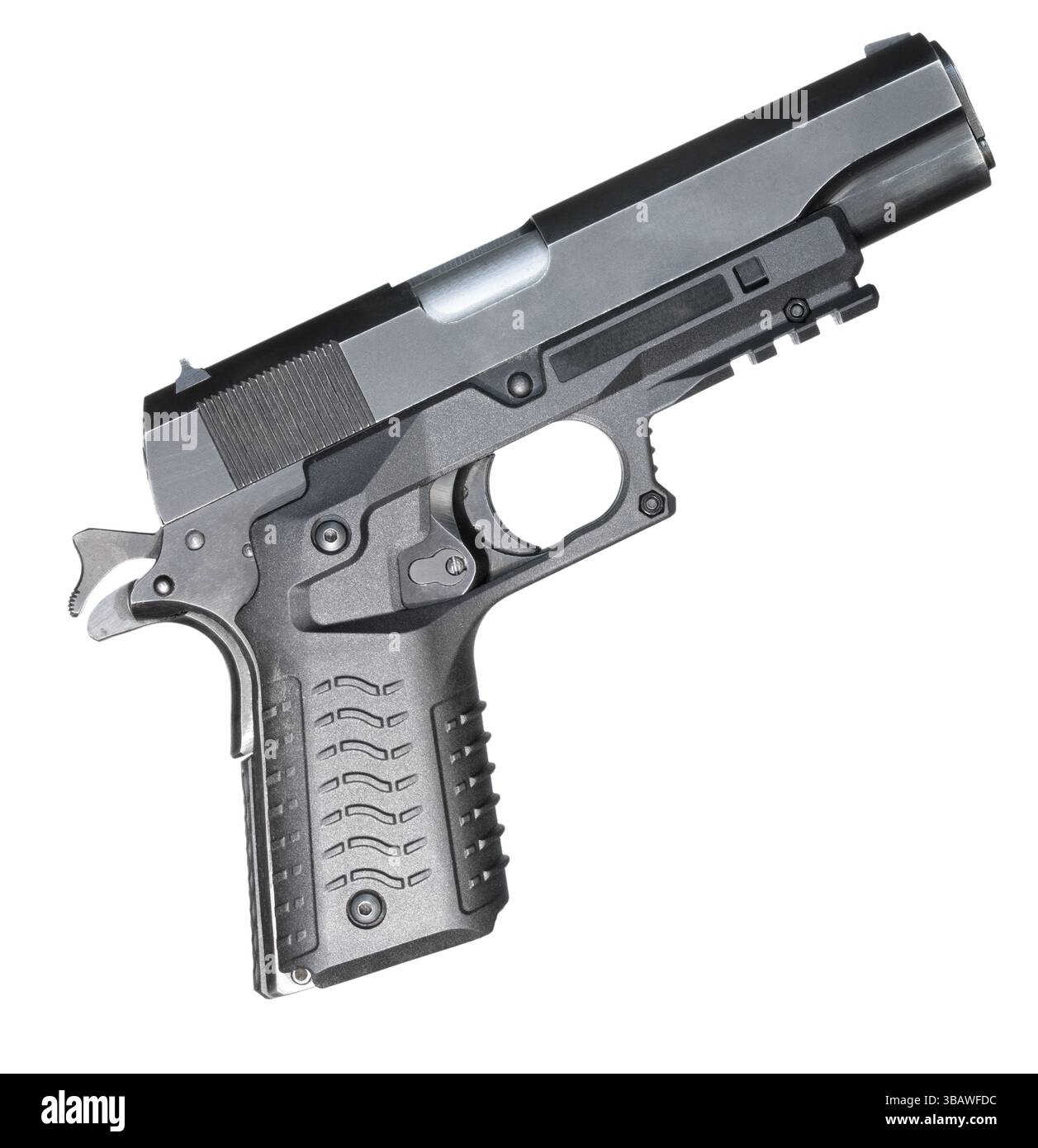 Isolated 45 caliber 1911 style semi-automatic pistol that has been ...