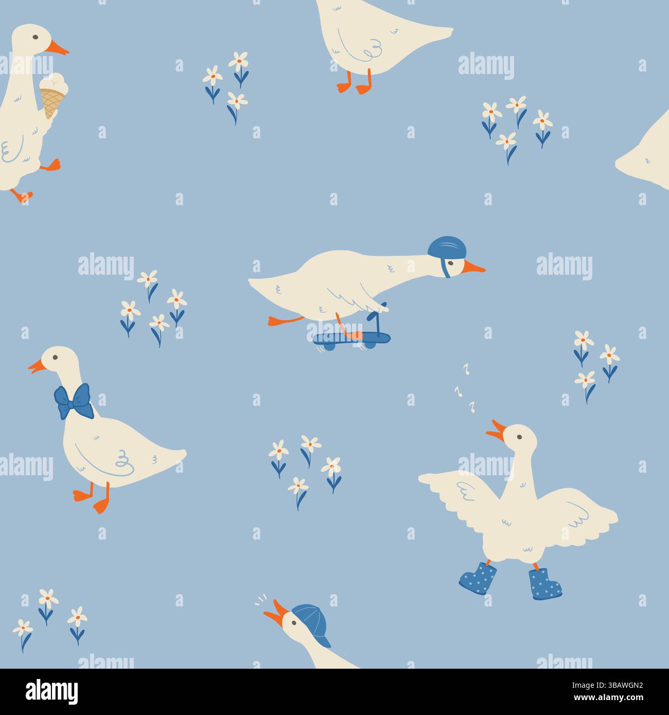 Silly Goose Seamless Vector Pattern playful ducks on pastel blue ...