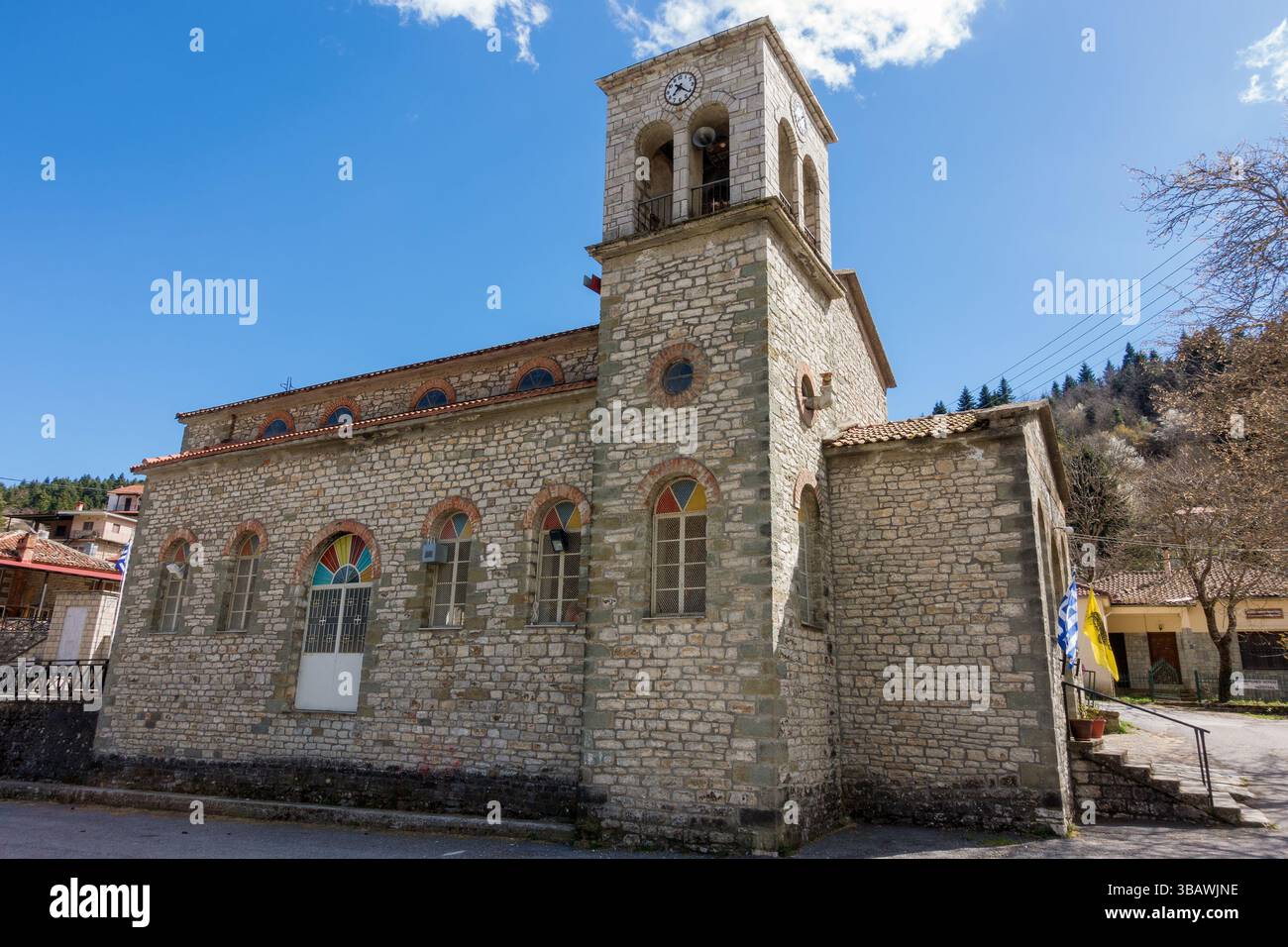 March 17th 2025 - Pezoula, Plastira, Greece - The central plaza in ...