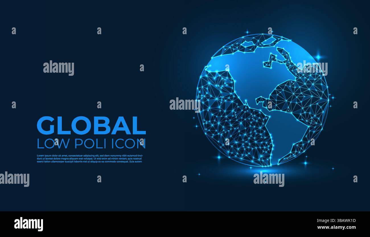 Low Poly Global Icon Background. Word globe icon design with neon ...