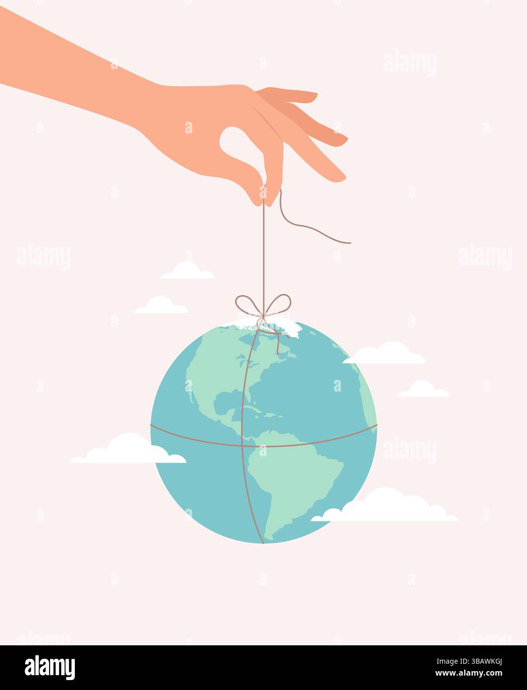 Human hand holding planet Earth tied with string. Flat vector ...