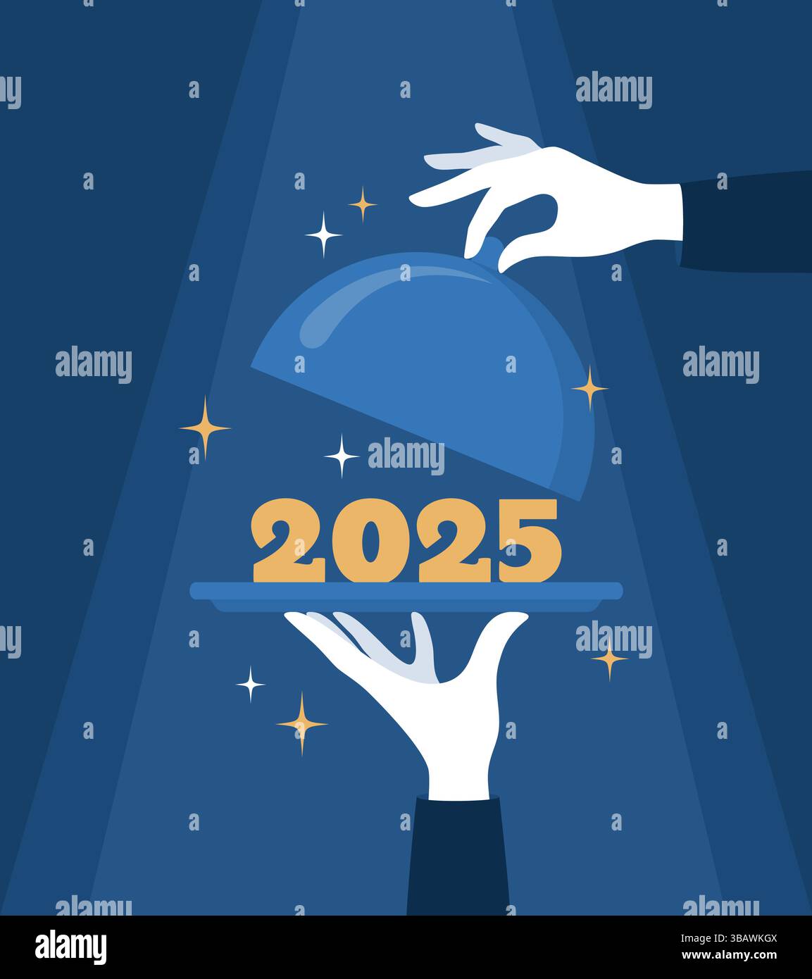 Waiter's hands opening the cloche lid, revealing the golden number 2025 ...