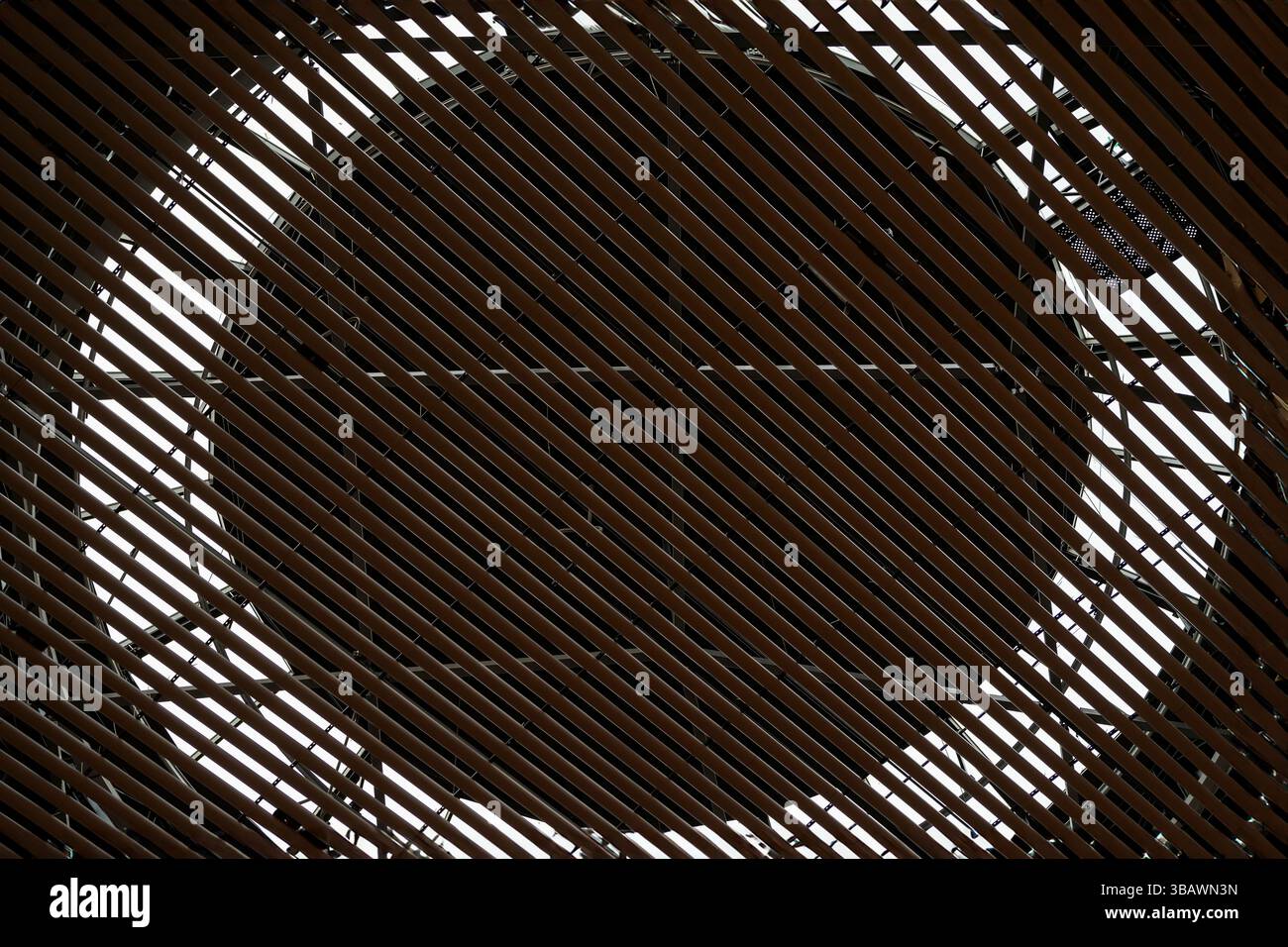 Abstract view of architectural ceiling with diagonal wooden slats ...